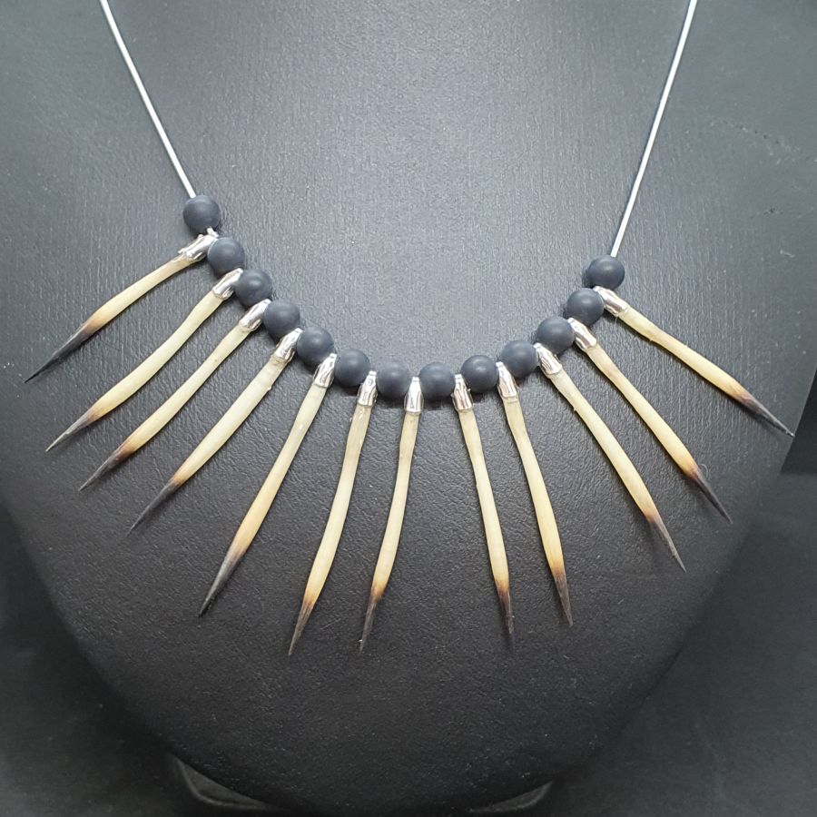 Echidna quill necklace with black glass beads. - Nolan Art